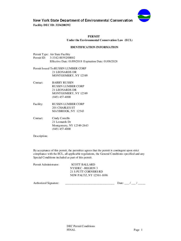 Fillable Online Facility DEC ID: 3334200392 DEC Permit Conditions FINAL ...