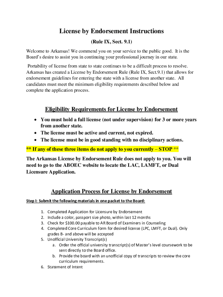 Fillable Online License by Endorsement Instructions - Arkansas Board of ... Fax Email Print ...