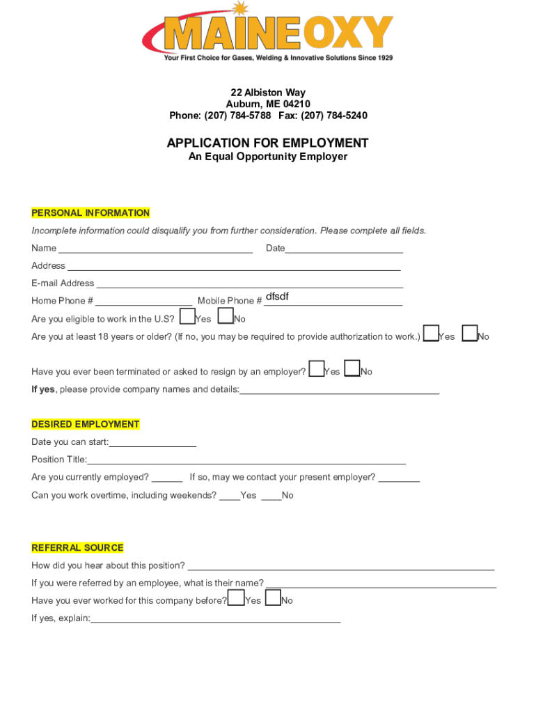 Fillable Online APPLICATION FOR EMPLOYMENT An Equal Opportunity ...