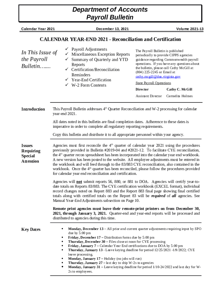 Payroll Bulletin - doa.virginia.gov Doc Template | pdfFiller