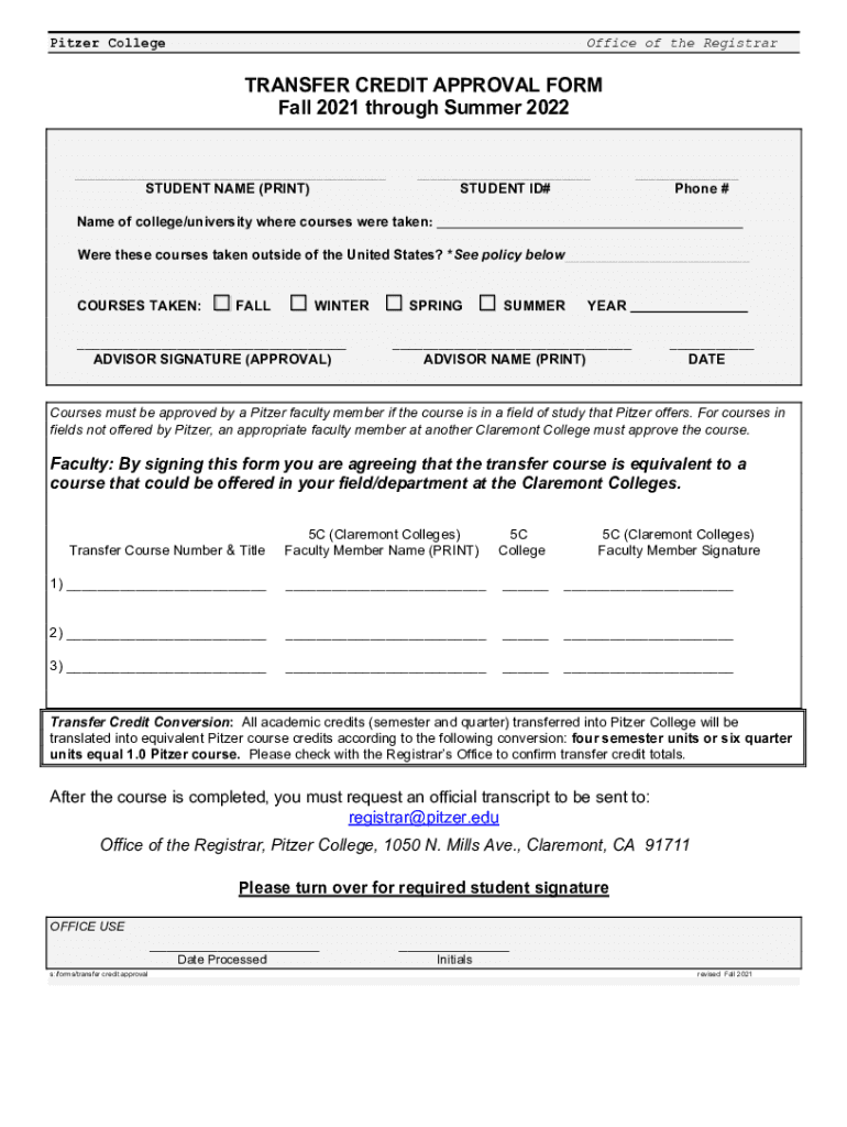 Fillable Online pitzer.edu09Transfer-Credit-Approval-FormTRANSFER ...