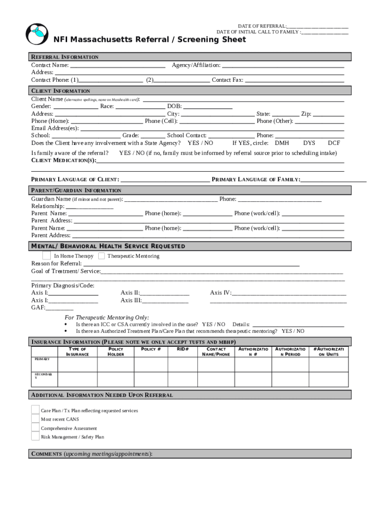 NFI MASSACHUSETTS SCREENING SHEET Doc Template | pdfFiller