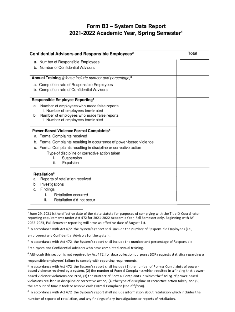Fillable Online Form B3 System Data Report 2021-2022 Academic Year ...