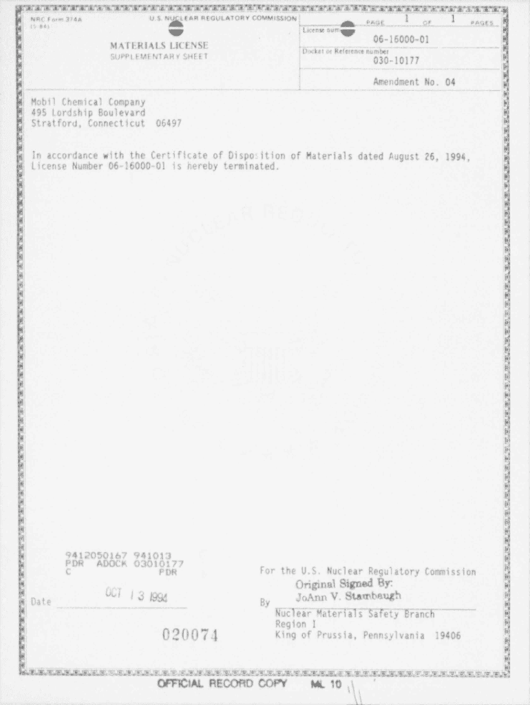 Fillable Online www.nrc.govdocsML2013NC' Form 374 Eg OF N ES 'f ' D 84 ...