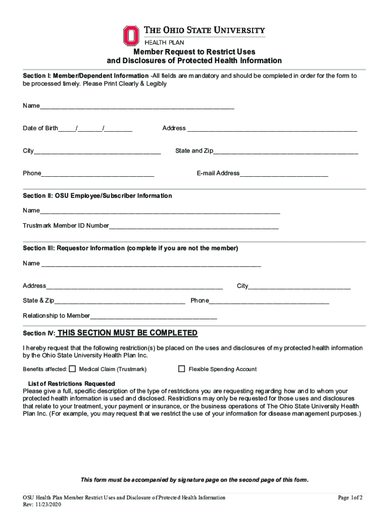 Fillable Online The Ohio State University Health Plan Member Request to ...