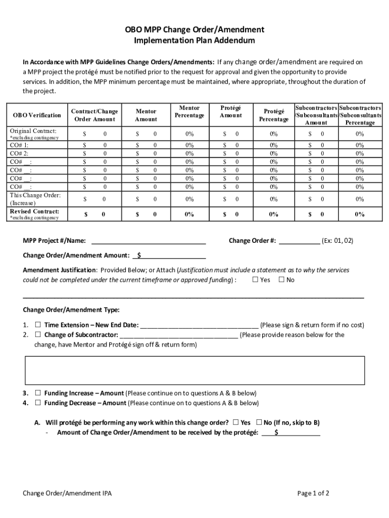 Fillable Online OBO MPP Change Order/Amendment Doc TemplatepdfFiller ...