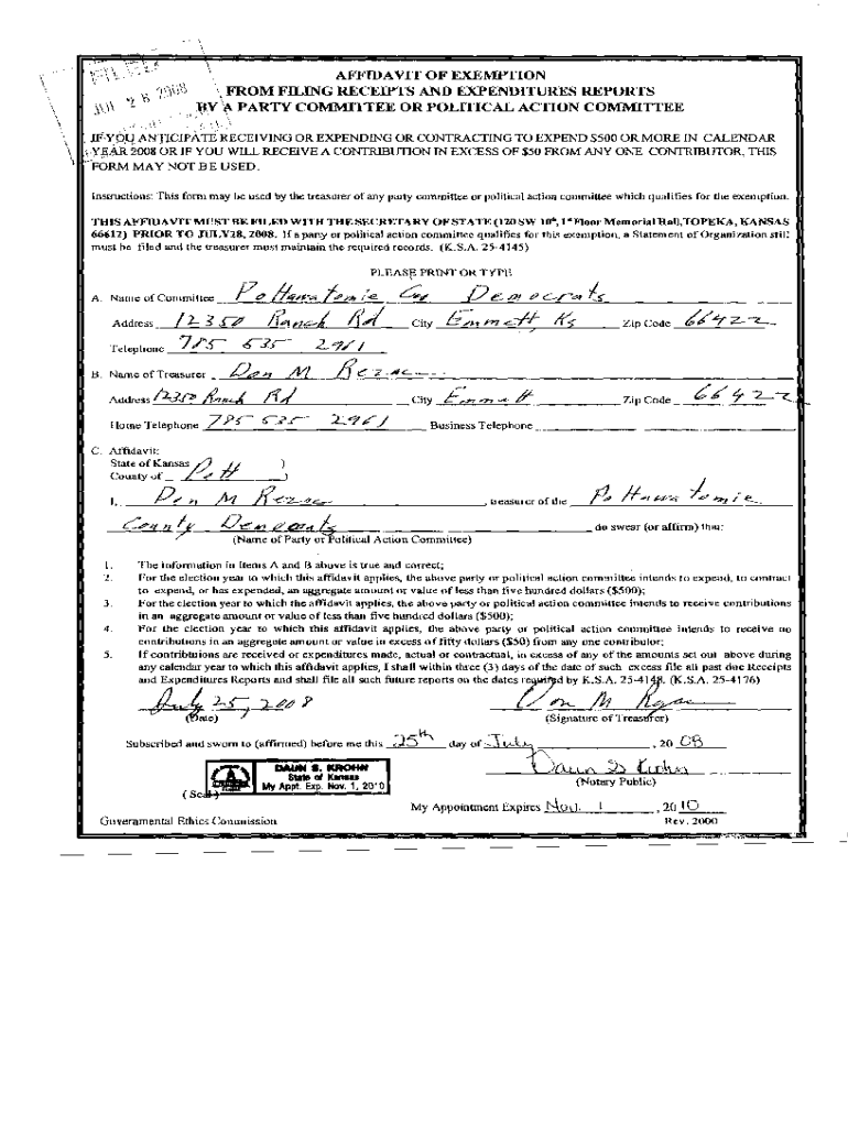 Fillable Online ethics ks rlECEIVED AFFIDAVIT OF EXEMPTION FROM FILING ...