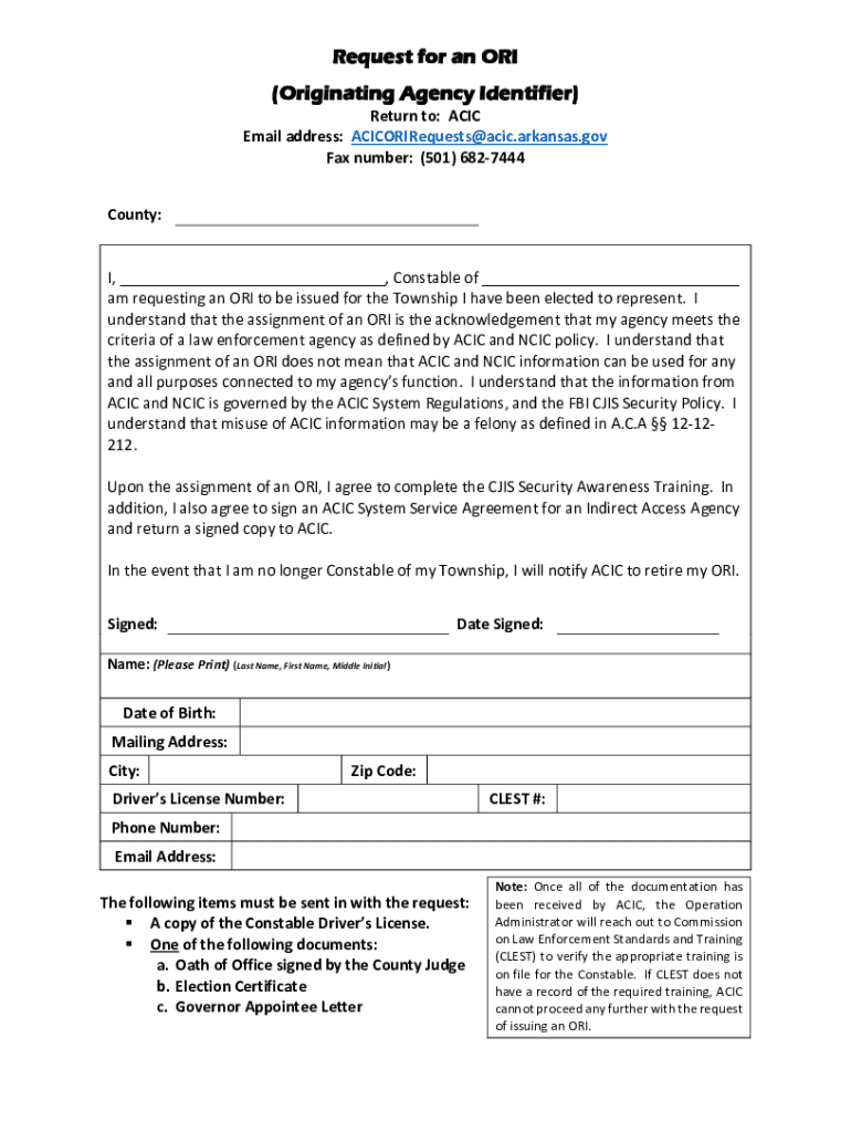 Fillable Online Arkansas Request for an Ori for a Public School Police ...