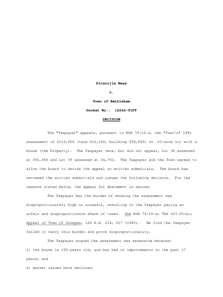 Fillable Online Arthur B. Anderson v. Town of Bethlehem DECISION - NH ...