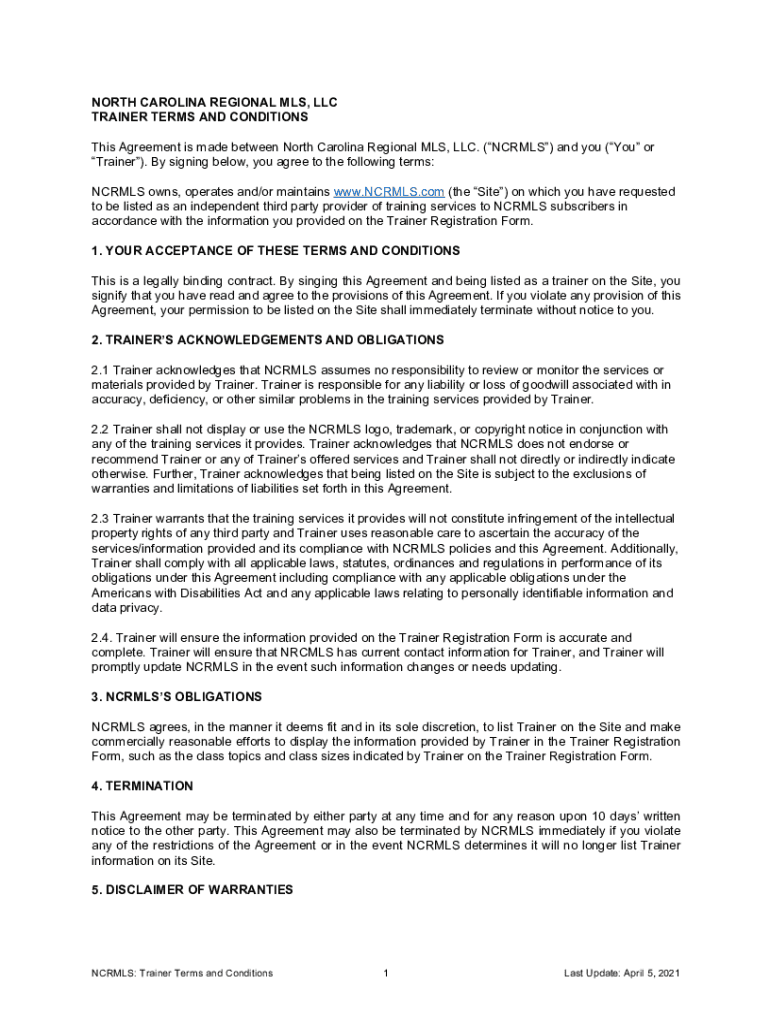 Fillable Online 210405 NCRMLS Trainer T&Cs - LS Fax Email Print - pdfFiller