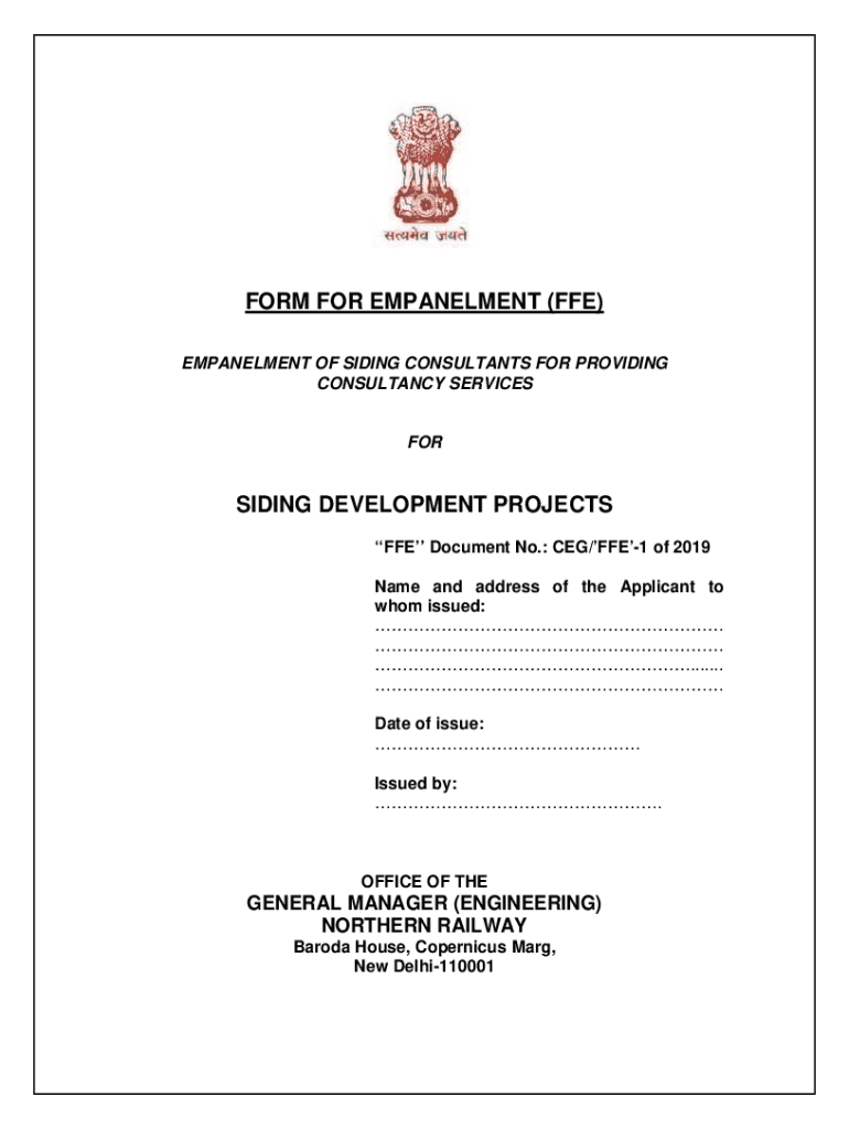Fillable Online FORM FOR EMPANELMENT (FFE) - Northern Railway zone Fax ...