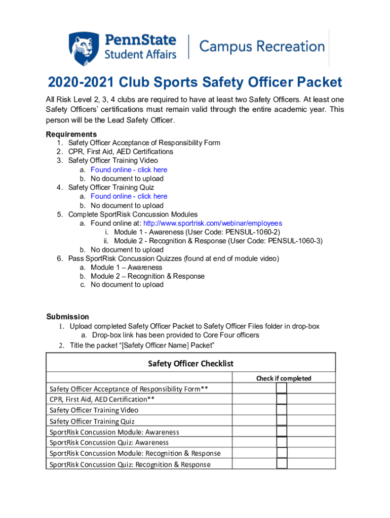 Fillable Online studentaffairs psu Sport Club Safety Officer Training ...