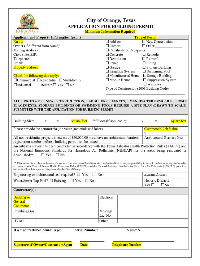 Fillable Online Orange Texas Building Department PermitsOrange TX ...