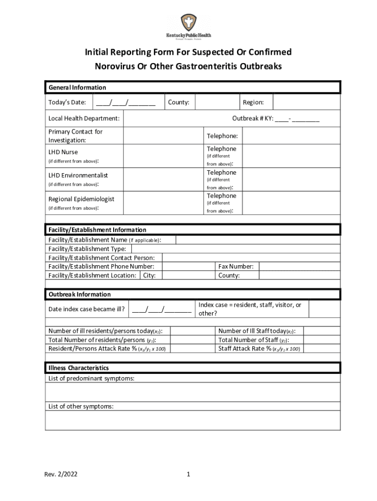 Fillable Online chfs ky Initial Reporting Form For Suspected Or Confirmed Norovirus Or ... Fax ...