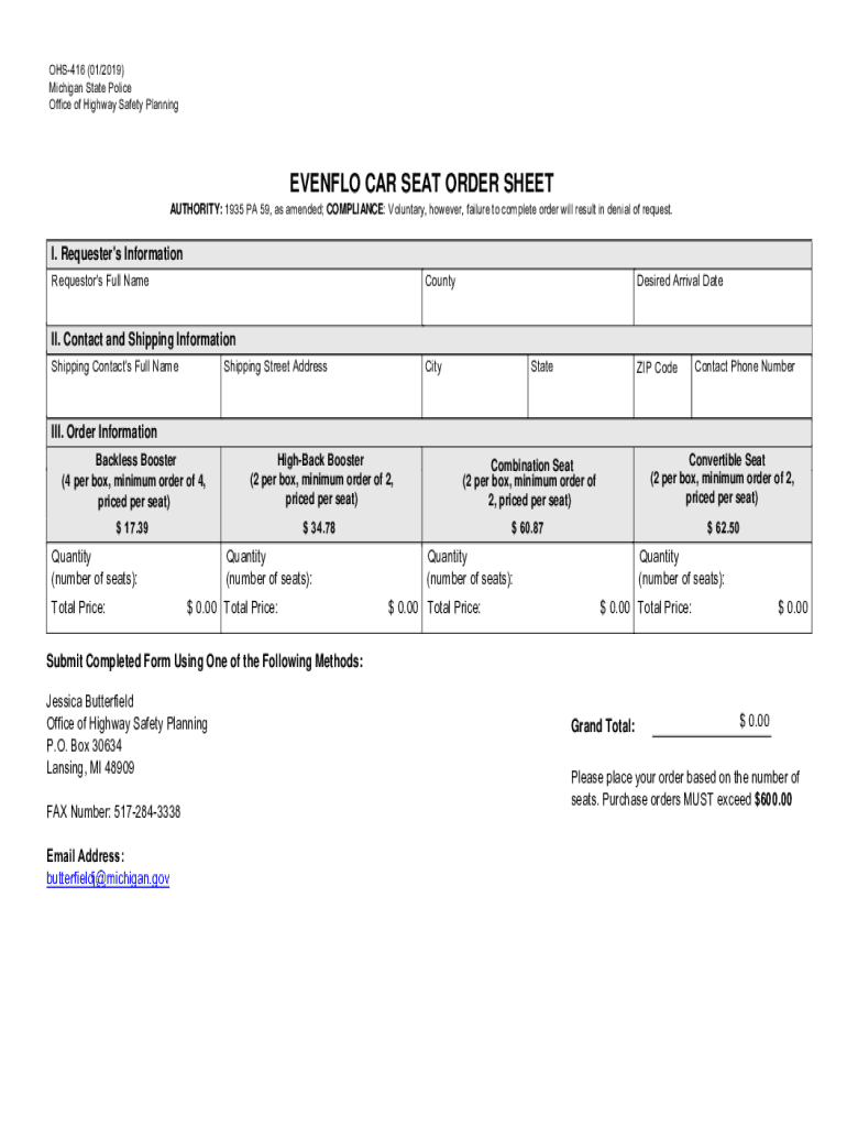 Fillable Online OHS-416 Car Seat Order Sheet Fax Email Print - pdfFiller