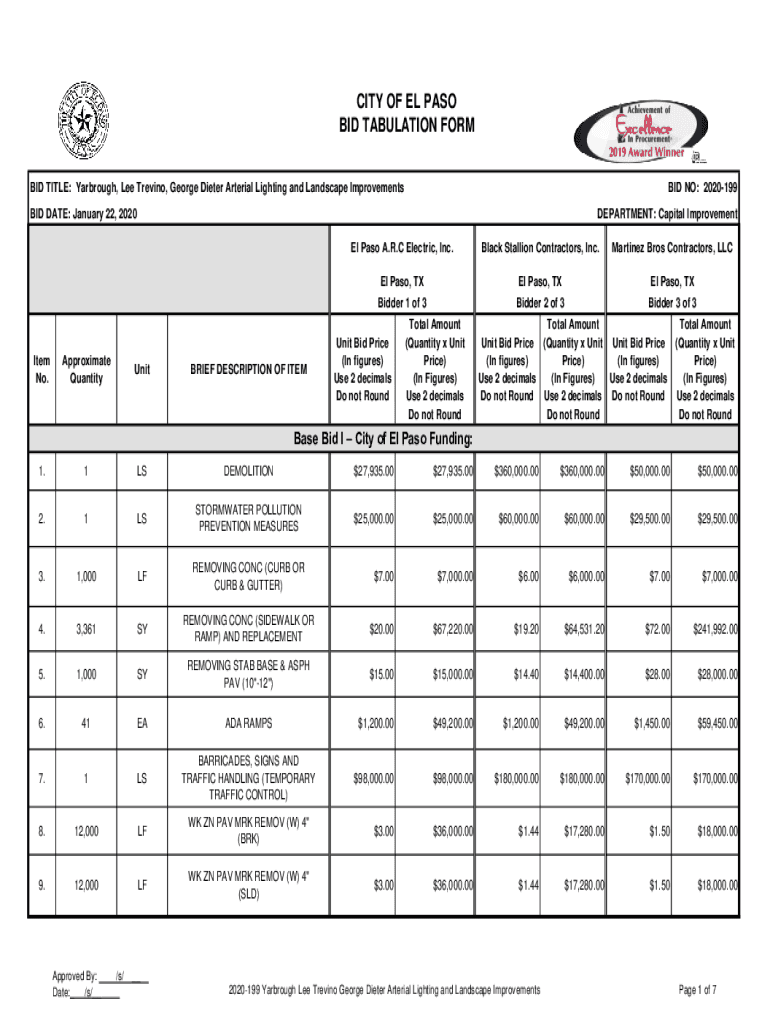Fillable Online CITY OF EL PASO BID TABULATION FORM - legacy ...