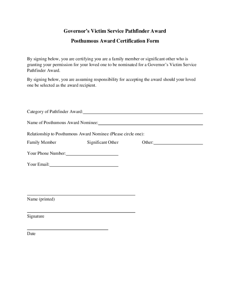 Fillable Online Posthumous Award Certification Form Fax Email Print ...