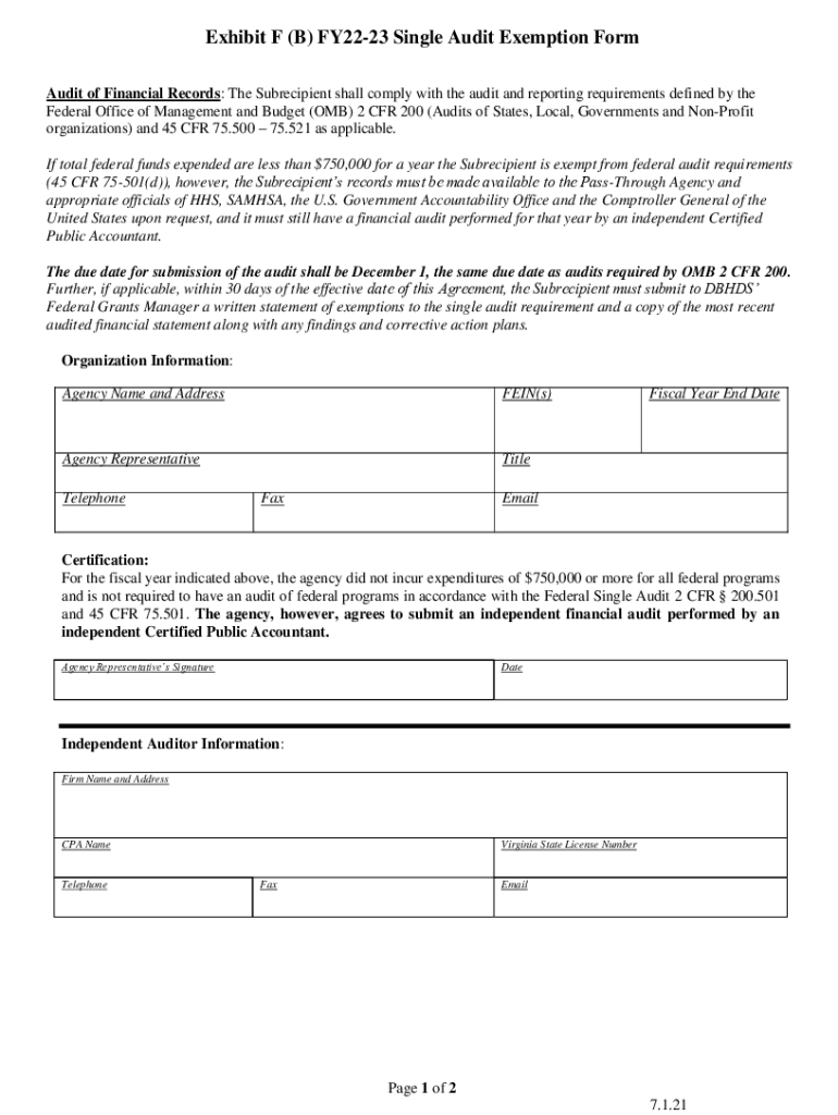 Fillable Online Exhibit F (B) FY22-23 Single Audit Exemption Form Fax ...