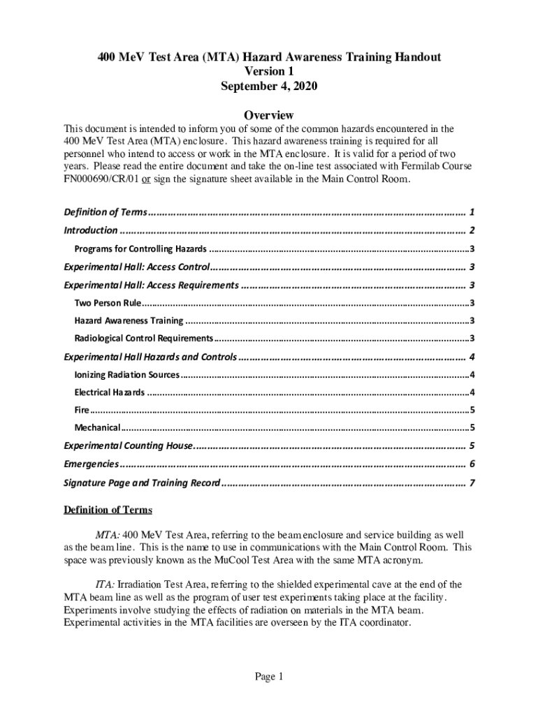 Fillable Online 400 MeV Test Area (MTA) Hazard Awareness Training ...