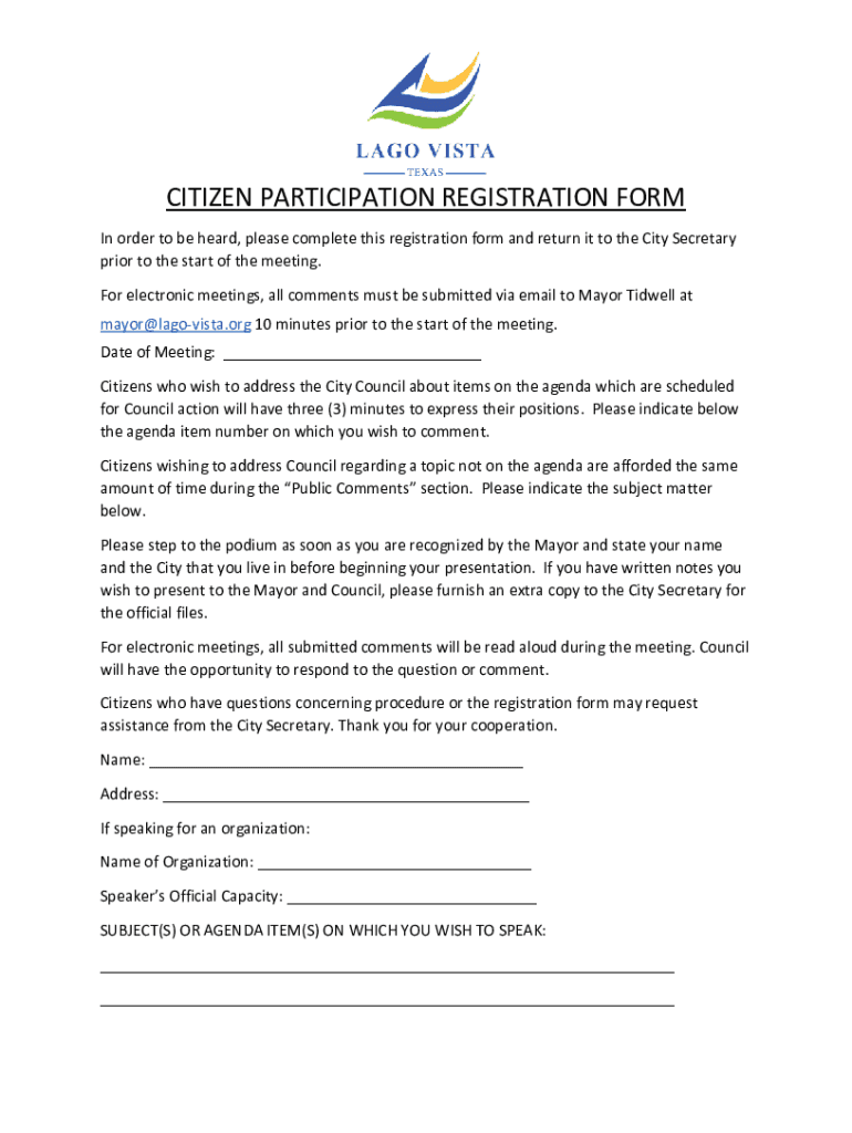 Fillable Online cms7files.revize.comlagovistatxCitizenCITIZEN PARTICIPATION REGISTRATION FORM ...
