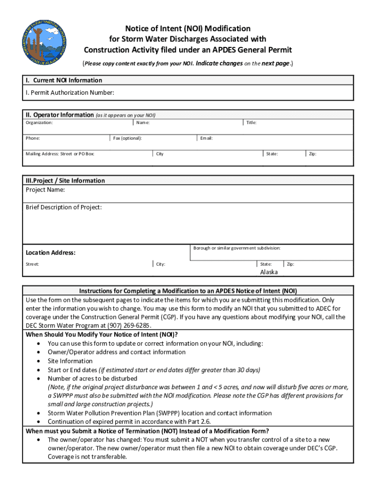 Fillable Online dec alaska dec.alaska.govmedia18891Notice of Intent (NOI) Modification Form for ...