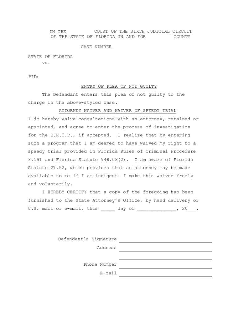 Fillable Online Written Plea of Not Guilty, Attorney Waiver, and Waiver ...