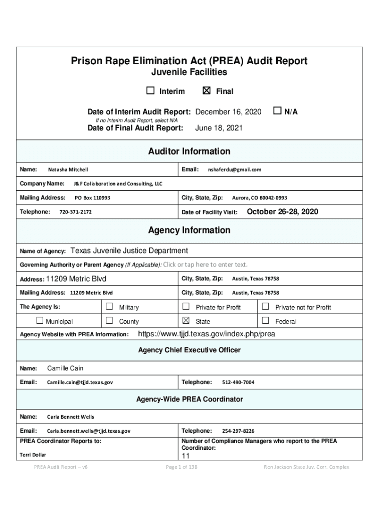 Fillable Online Prison Rape Elimination Act (PREA) Audit Report ...