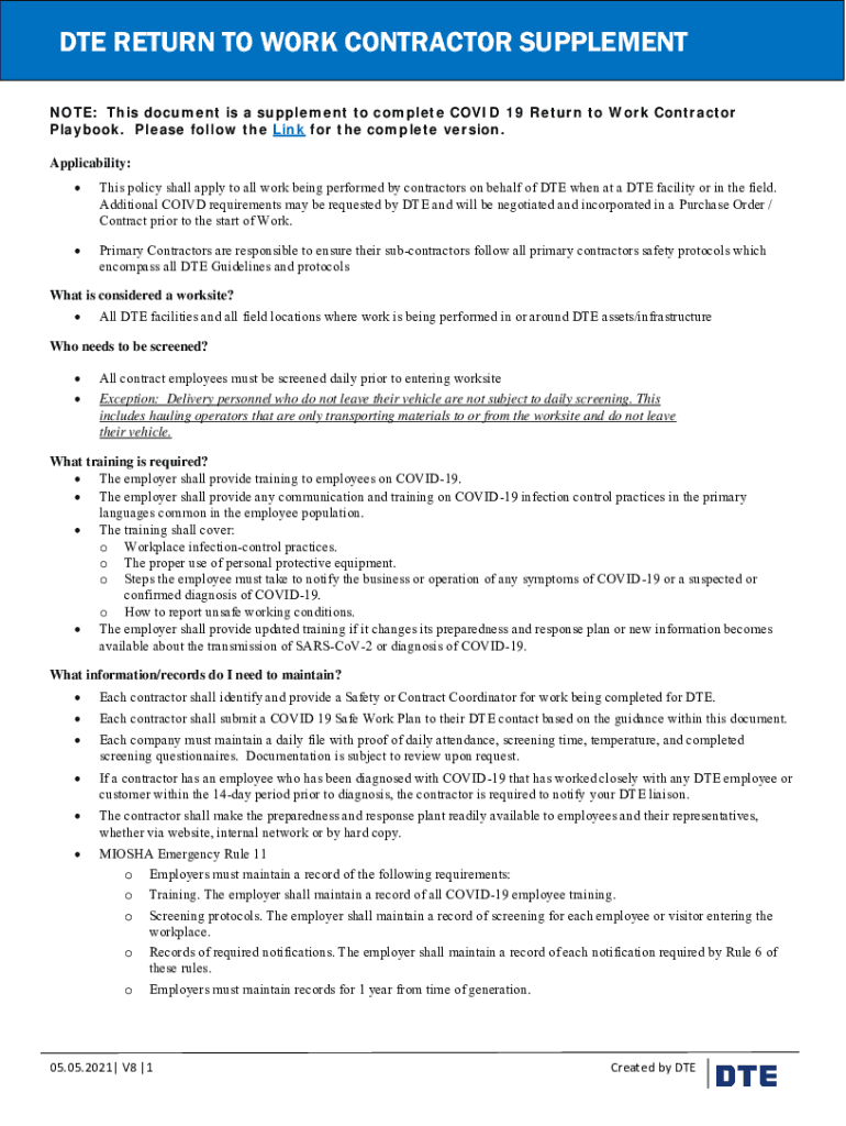 Fillable Online DTE Return to Work Contractor Supplement - DTE Energy ...