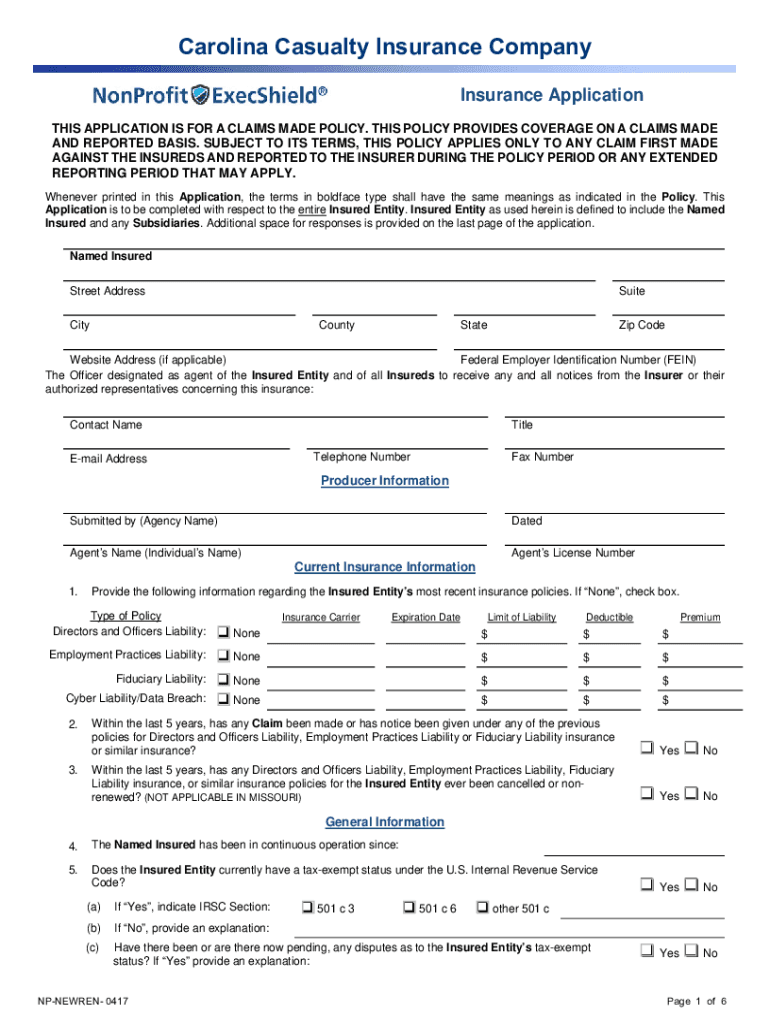 Fillable Online Commercial Vehicle Insurance CompanyCarolina Casualty ...