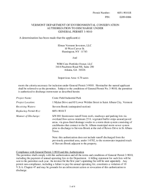 Fillable Online Permit Number: VERMONT DEPARTMENT OF ENVIRONMENTAL ...