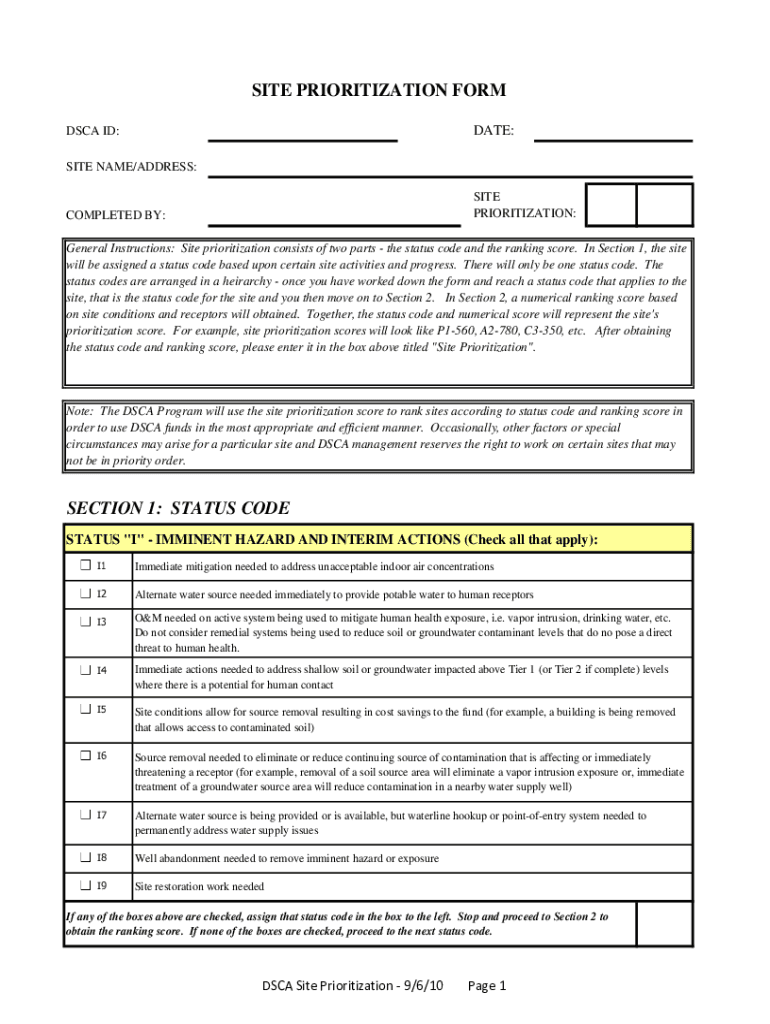Fillable Online SITE PRIORITIZATION FORM SECTION 1: STATUS CODE Fax ...