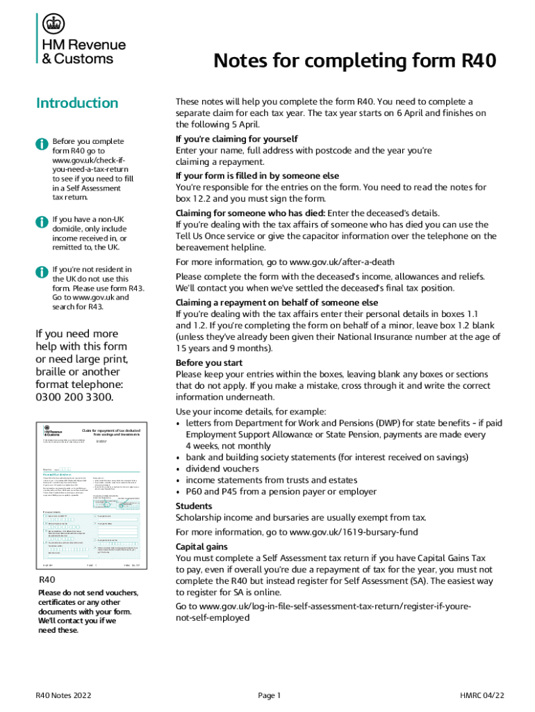 Fillable Online R40 Notes Notes for completing form R40 - UKClaim a ...