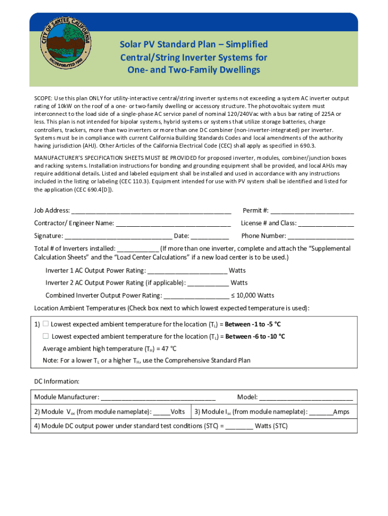 Fillable Online Solar PV Standard Plan Simplified Central/String Inverter Systems ... Fax Email ...