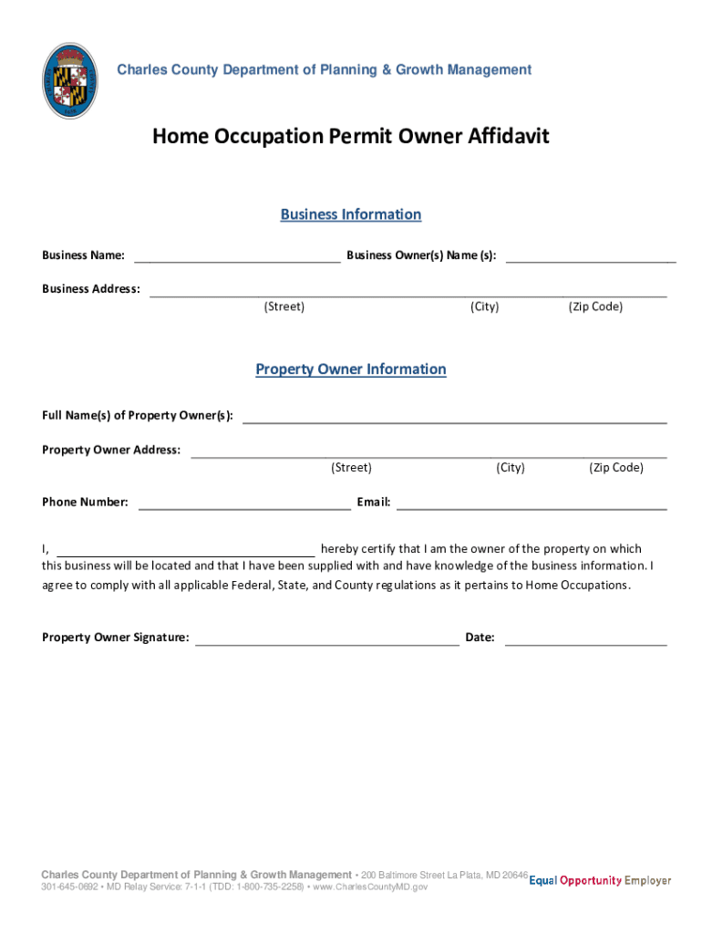 Fillable Online Home Occupation Permit Owner Affidavit - Charles County ...