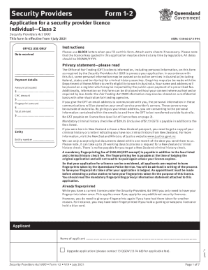 Fillable Online Security Providers Form 1-2 - Application for a ...
