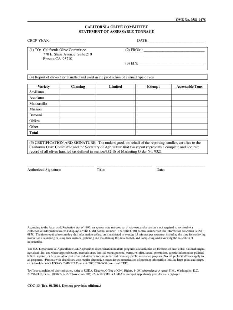Fillable Online CALIFORNIA OLIVE COMMITTEE STATEMENT OF ASSESSABLE ...