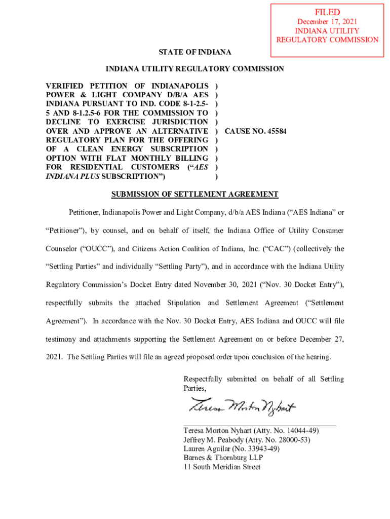 Fillable Online STATE OF INDIANA INDIANA UTILITY REGULATORY COMMISSION ...