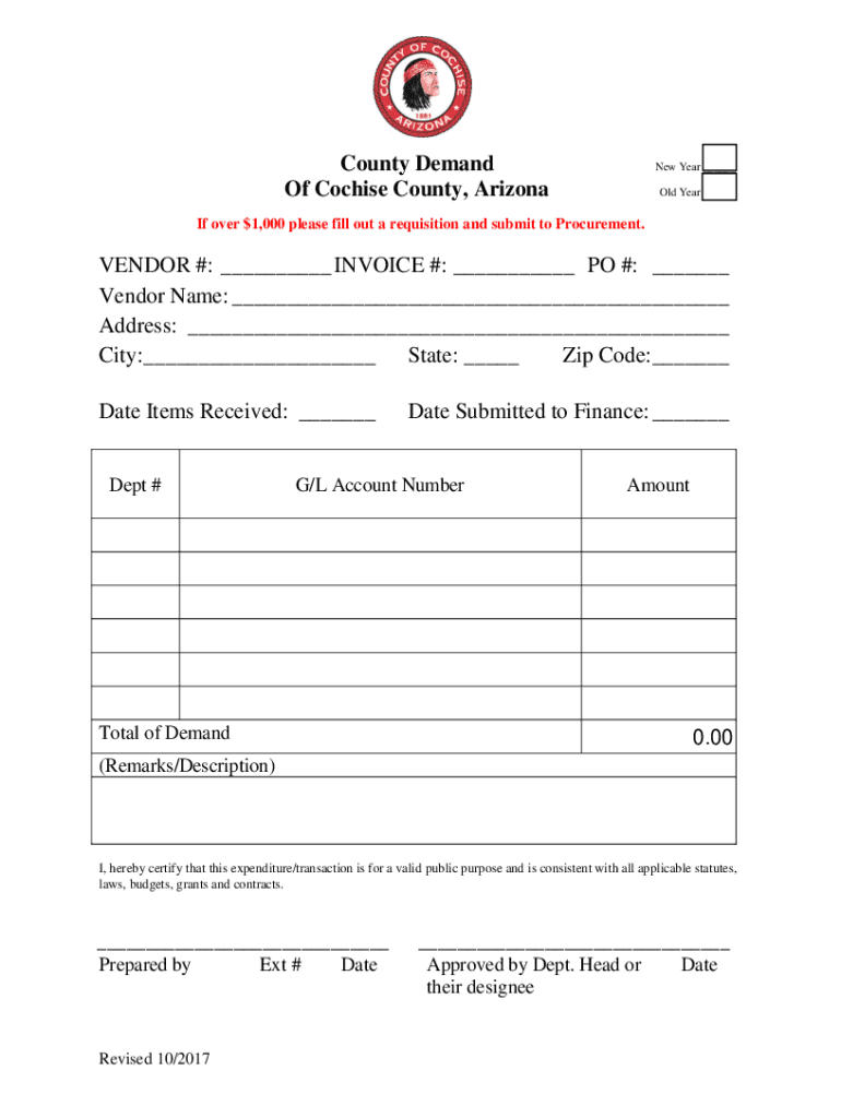 Fillable Online County Demand Of Cochise County, Arizona VENDOR ...