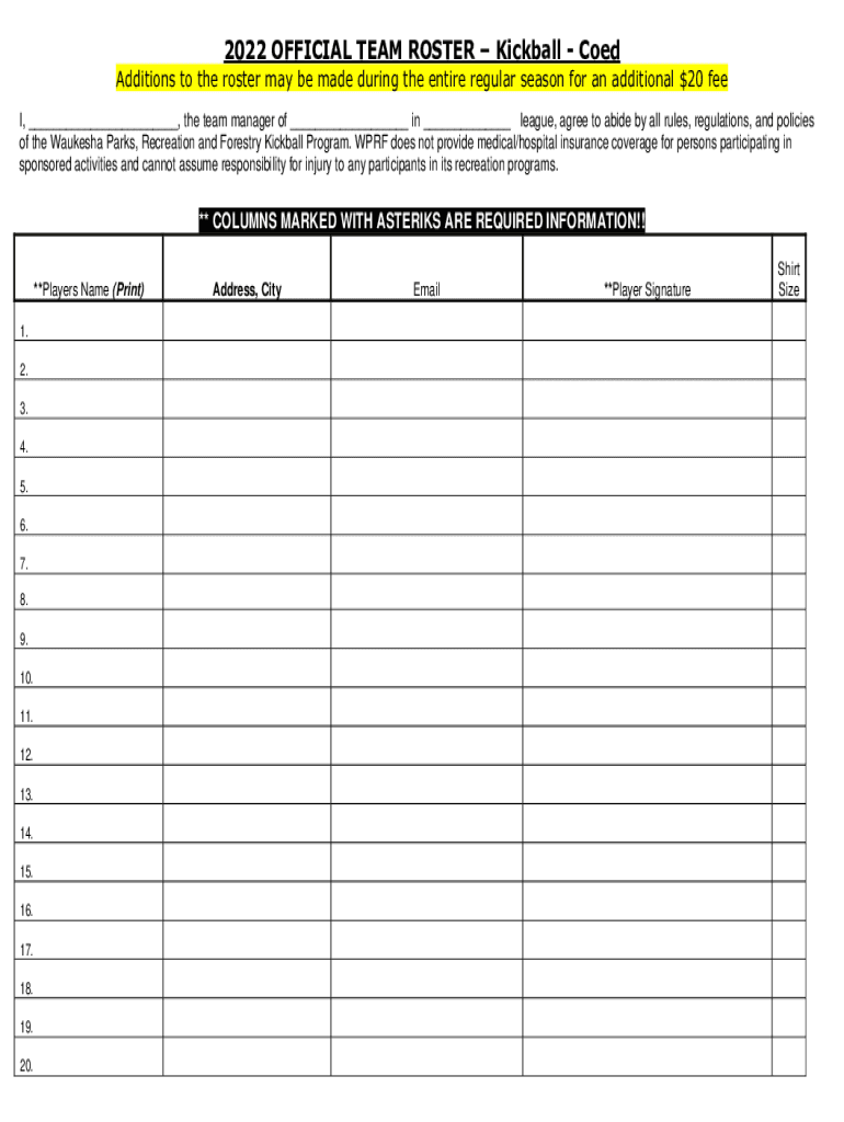 Fillable Online 2022 SPRING ADULT CO-REC KICKBALL LEAGUE ROSTER/WAIVER ...