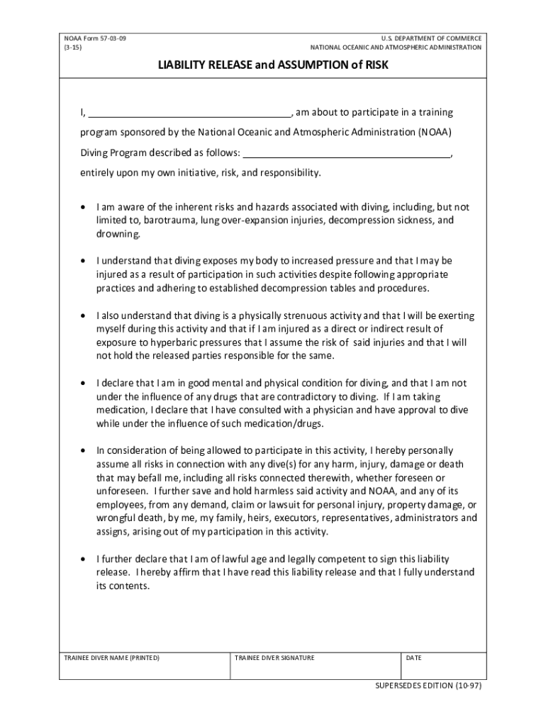 Fillable Online NOAA Form 57-03-09 Liability Release and Assumption of ...