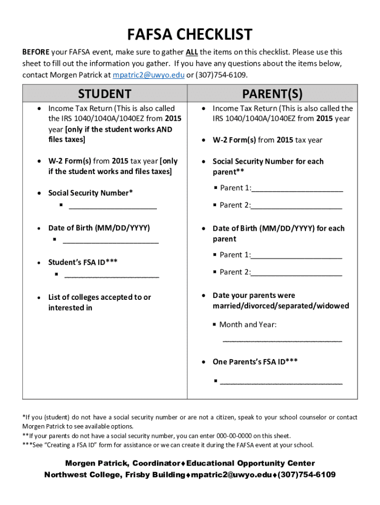 Fillable Online FAFSA CHECKLIST - files.gabbart.com Fax Email Print ...
