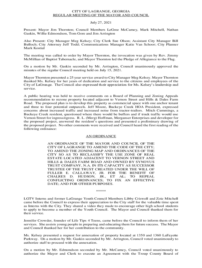 Fillable Online Present: Mayor Jim Thornton; Council Members LeGree ...