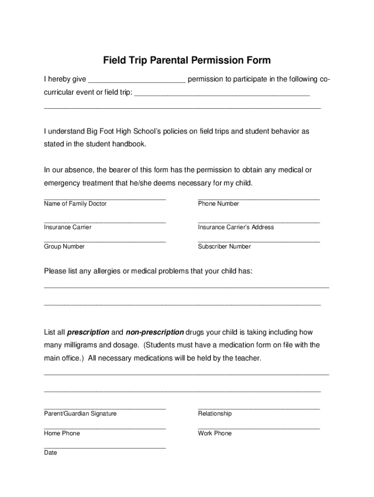 Fillable Online Field Trip Parental Permission Form Fax Email Print - pdfFiller