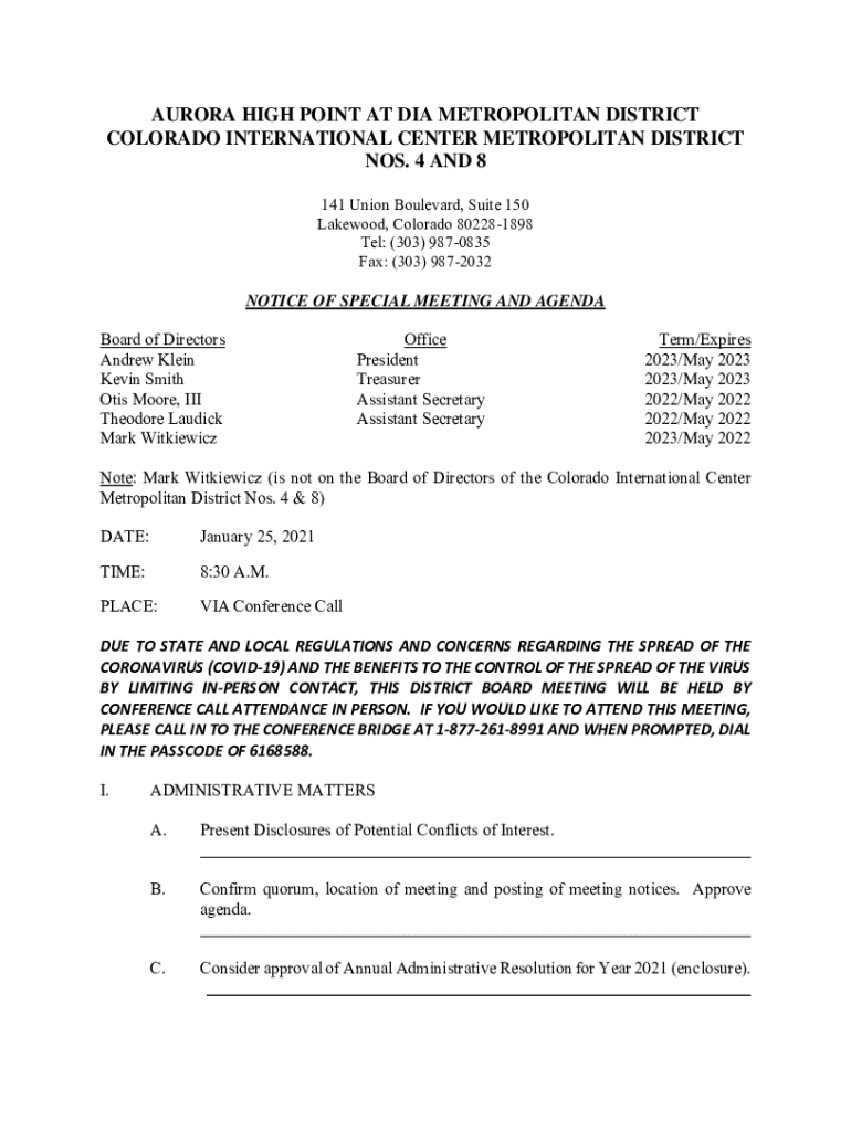 Fillable Online AURORA HIGH POINT AT DIA METROPOLITAN DISTRICT COLORADO ...