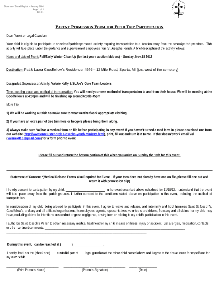 Parent Permission for Field Trip Participation Doc Template | pdfFiller