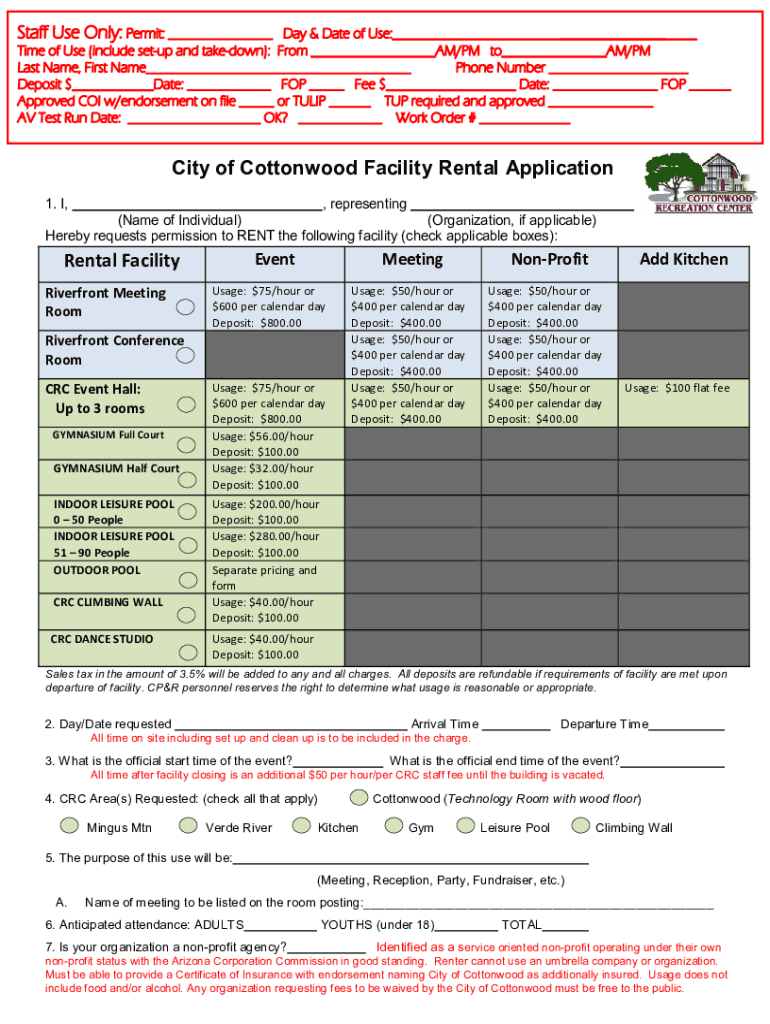 Fillable Online cottonwoodshores.orgFormsCivic Center Rental AppCITY OF ...