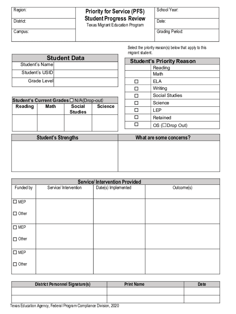 Fillable Online PFS Student Progress Review Form. Student Progress Fax ...