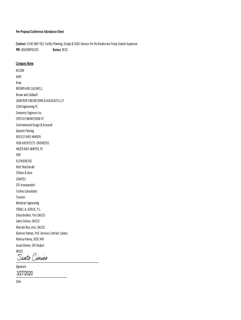 Fillable Online Pre-Proposal Conference Attendance Sheet Contract: CS ...