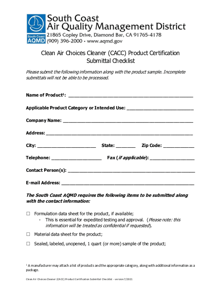 Fillable Online Clean Air Choices Cleaner (CACC) Product Certification Submittal ... Fax Email ...