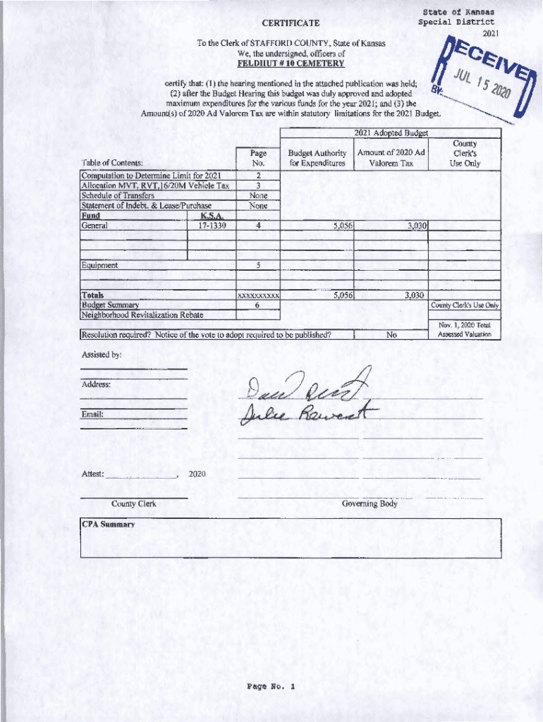 Fillable Online State of Kansas CERTIFICATE Special District 2021 To ...